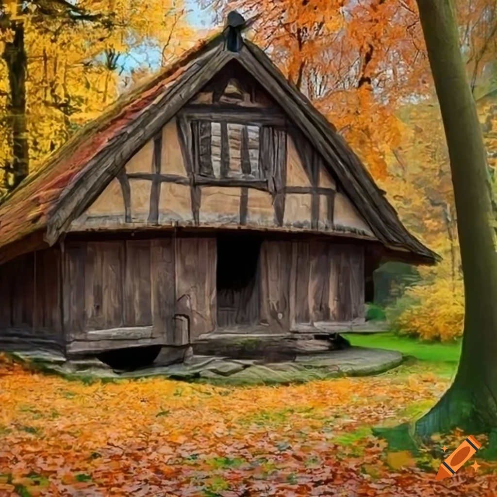 Autumn forest with a medieval Anglo-Saxon house and porch in the center ...
