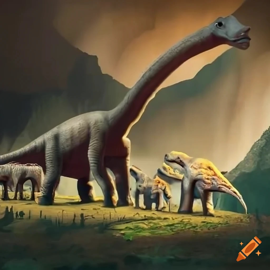 Brachiosaurus with five young ones in a cave on Craiyon