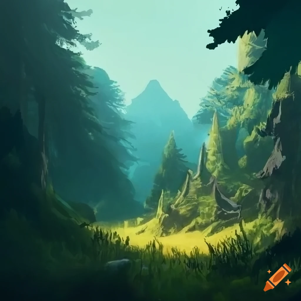 Bright forest and mountainous landscape in a dungeons and dragons ...