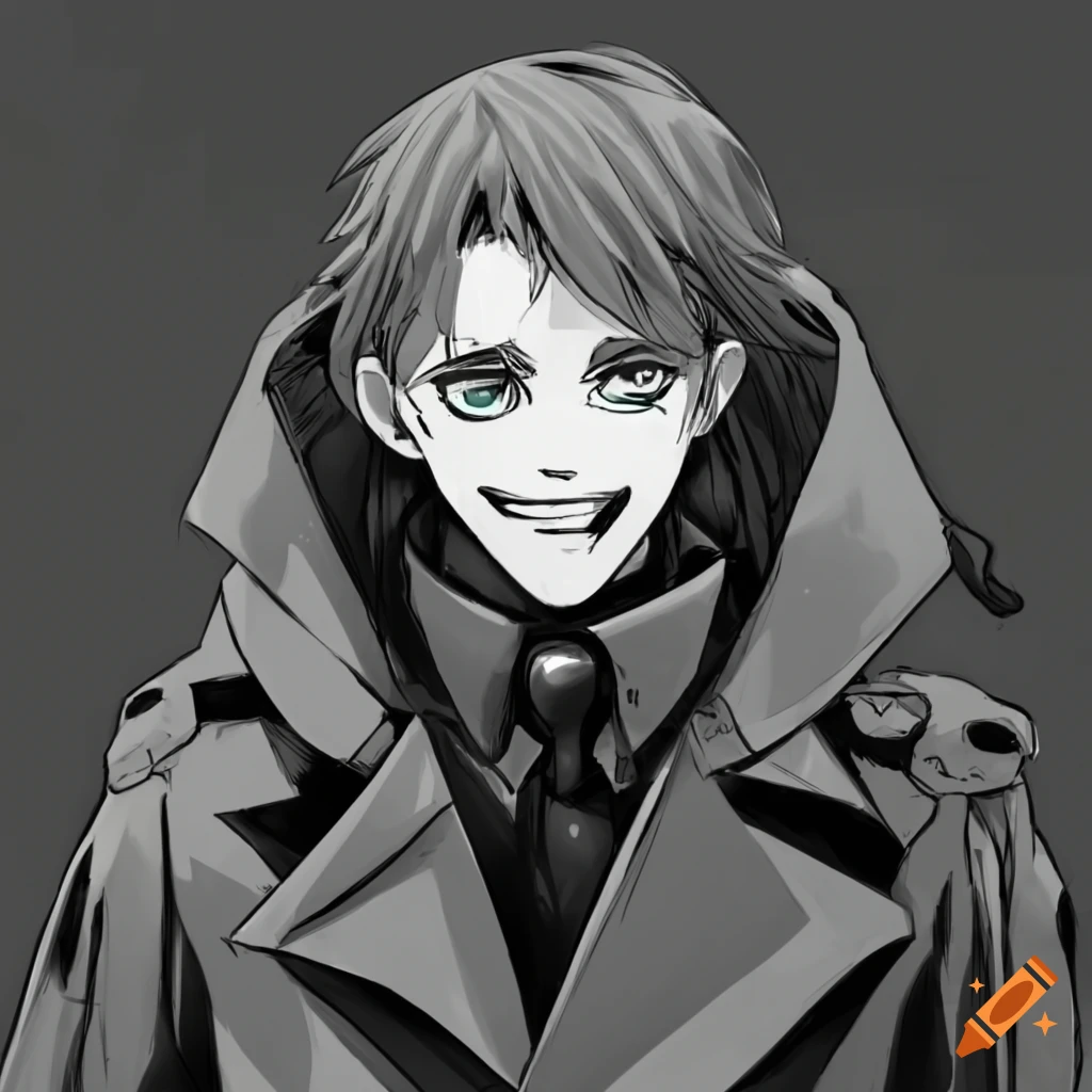 Menacing figure in trench coat grinning in manga style on Craiyon