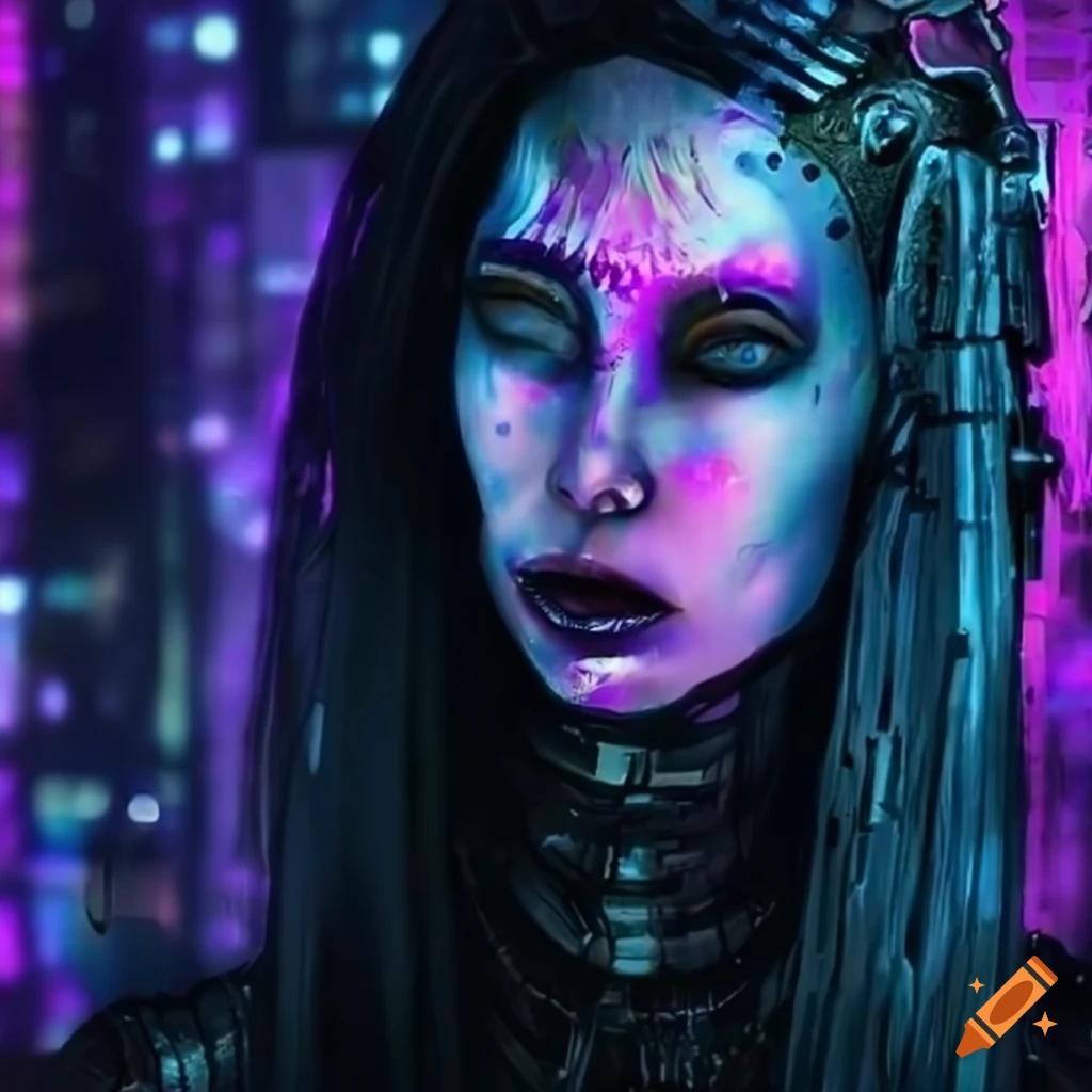 Close-up of a female cyborg goddess in a dark cyberpunk cityscape on ...