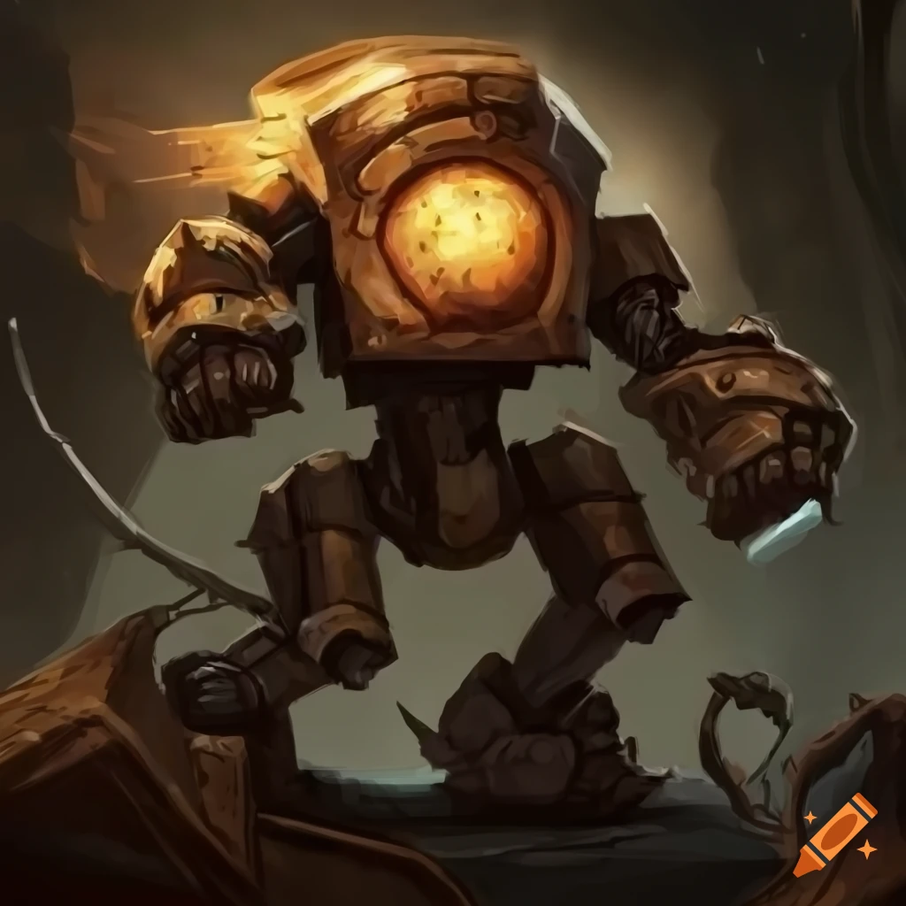 Construction robot with engine head in a fantasy setting on Craiyon