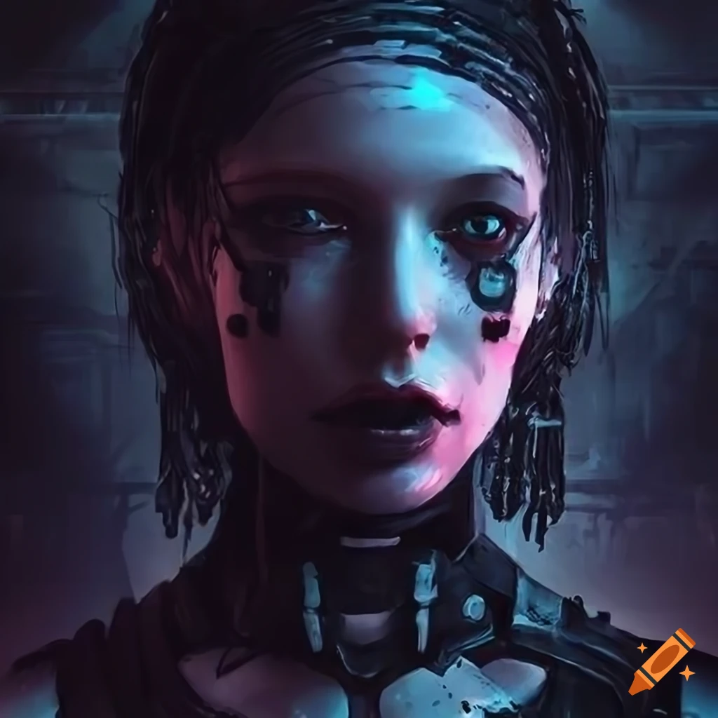 Close-up of a female cyborg goddess in a dark cyberpunk cityscape on ...