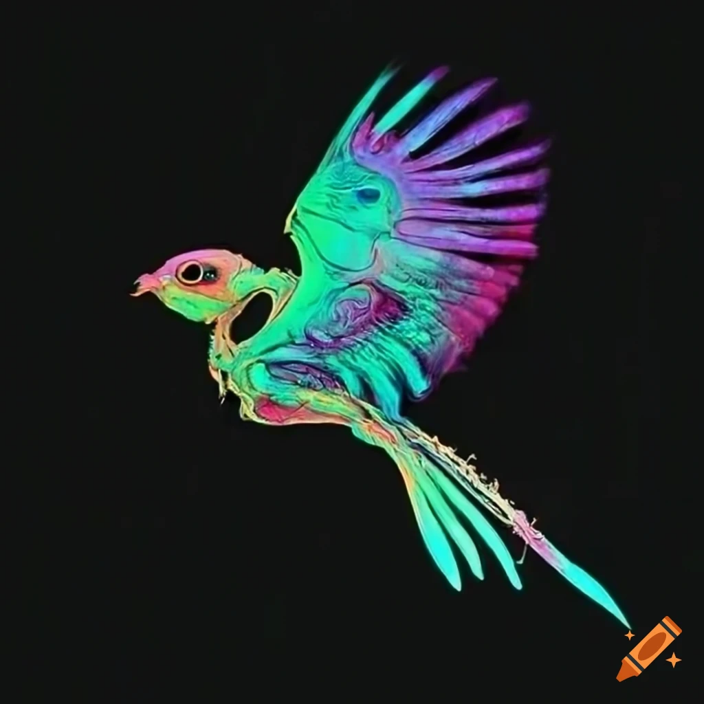 Psychedelic sparrow skeleton art on Craiyon