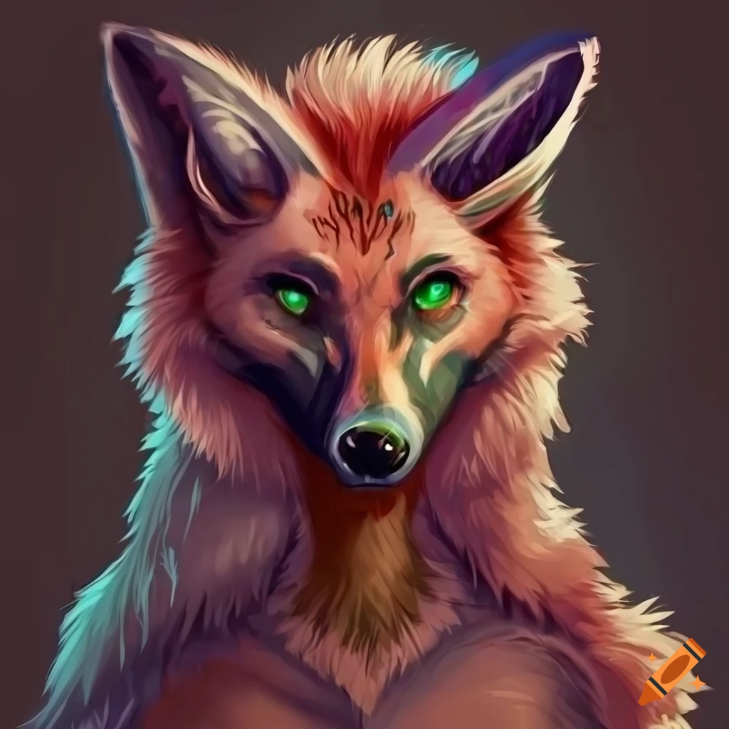 Fantasy art of a humanoid female fruit bat-maned wolf hybrid in shades of red on Craiyon