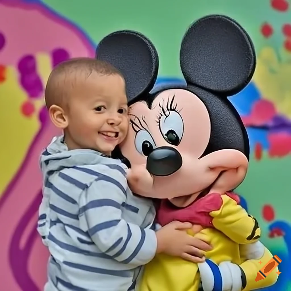 Motherly minnie mouse hugging a boy in a colorful daycare setting on ...