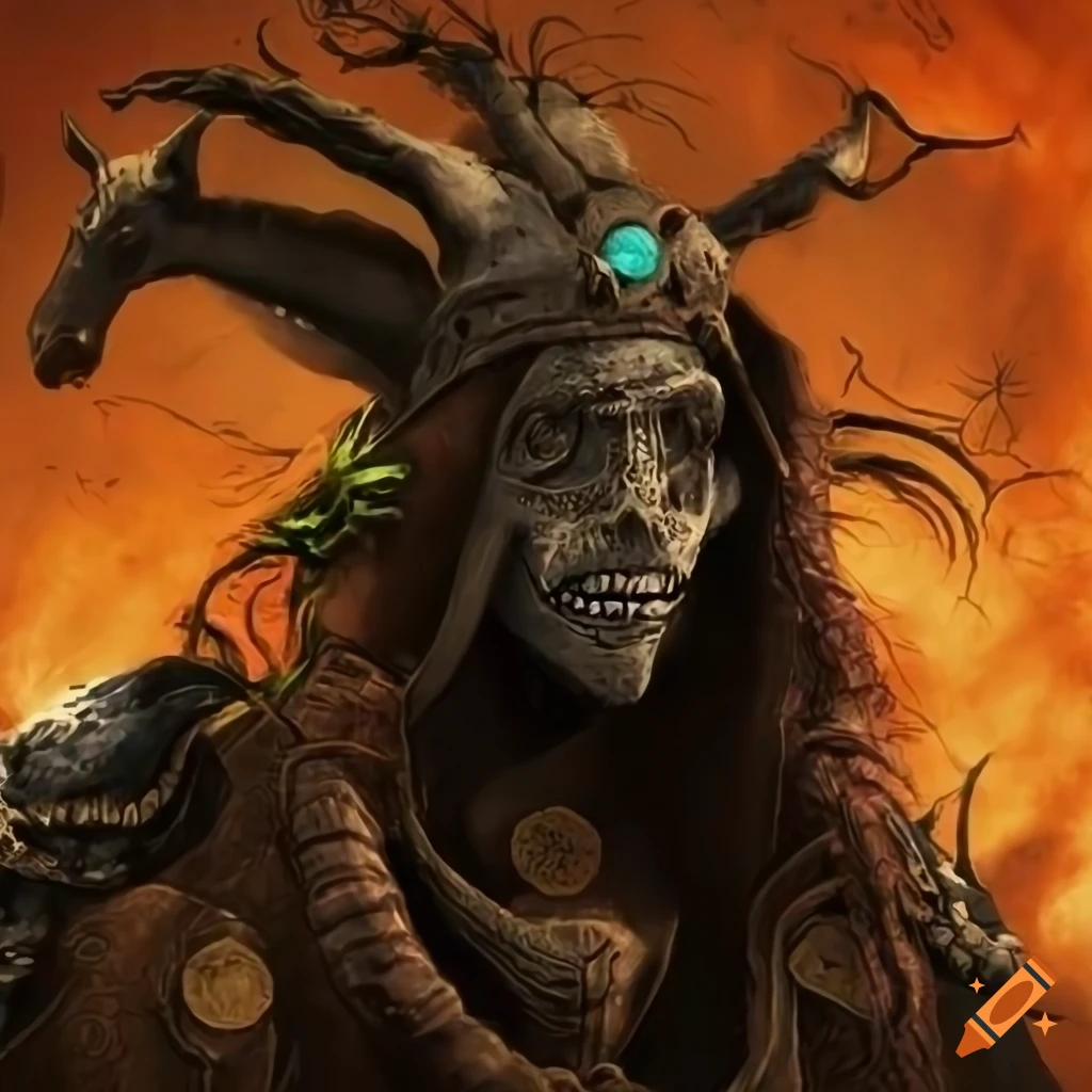 Shaman with a horse skull helmet covered in ashes in a swampy fallout ...