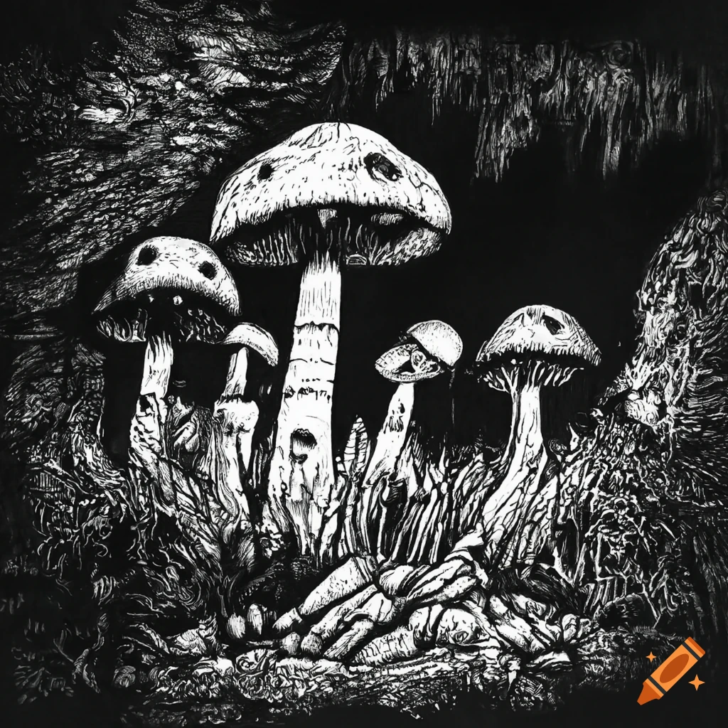 Detailed ink drawing of a mushroom monster in a cave on Craiyon