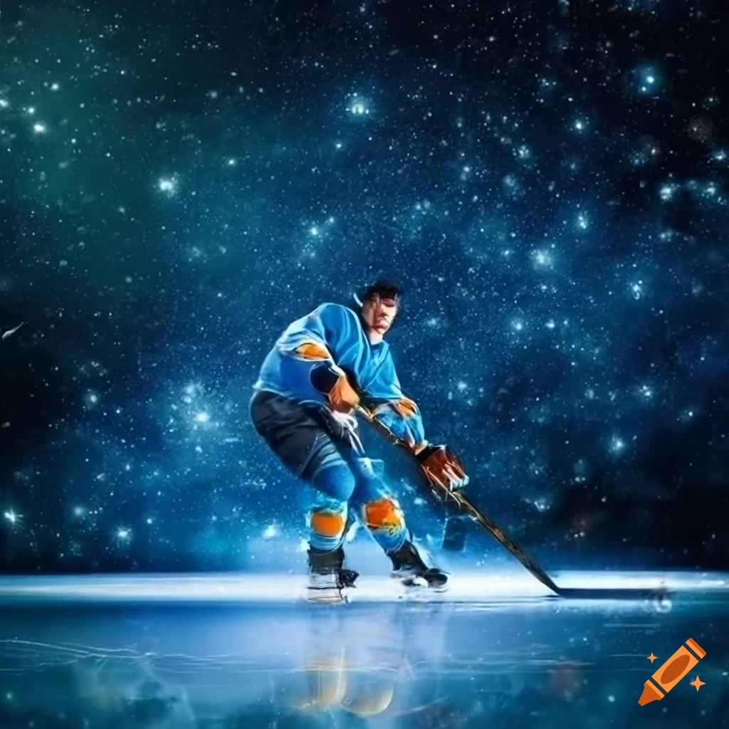Vivid hockey player on blue ice with starry background on Craiyon