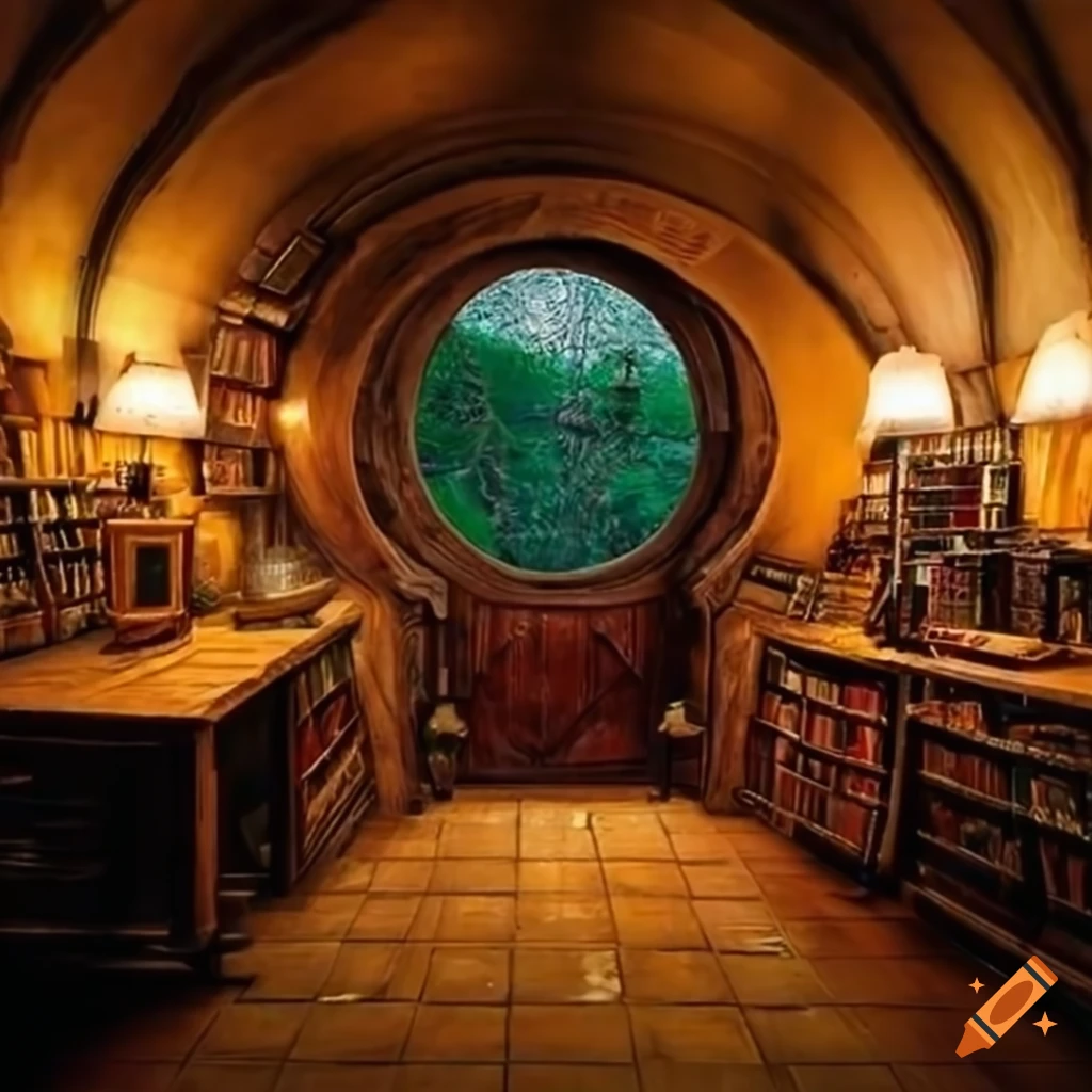 Wide angle interior of an enchanted hobbit home with a library on Craiyon