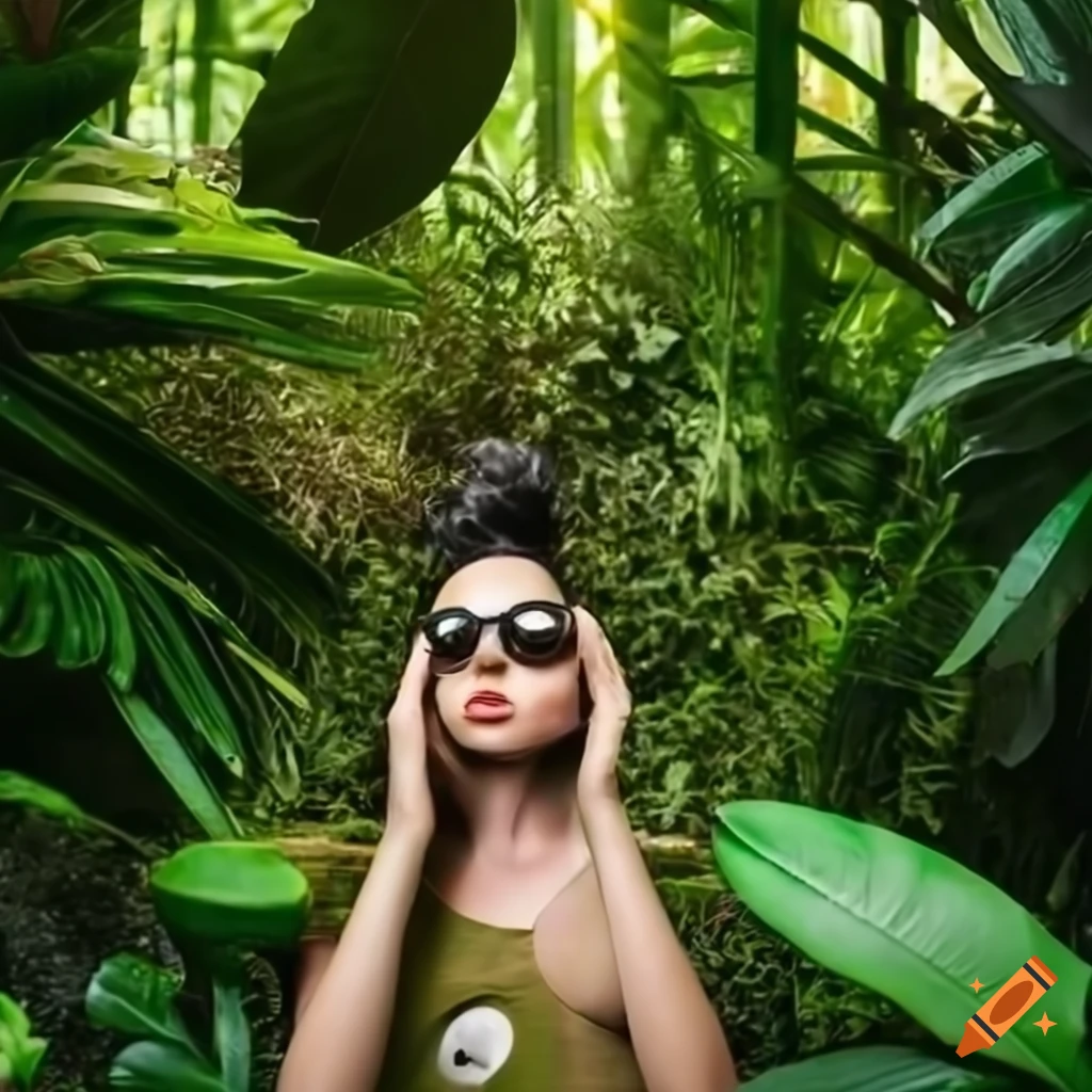 Creative android character preparing herbal remedies in a lush tropical ...