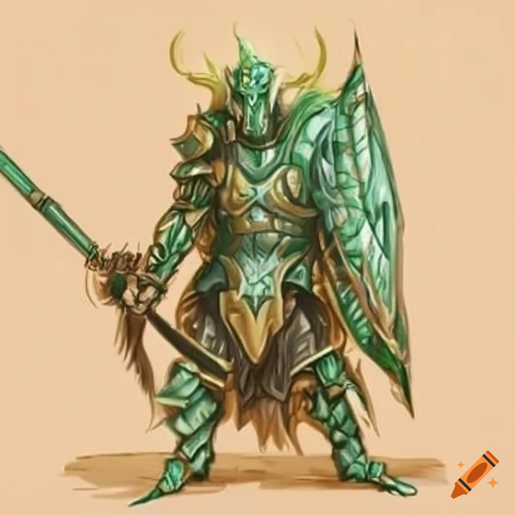 Green dragon warrior in heavy gold armor with shield and mace on Craiyon