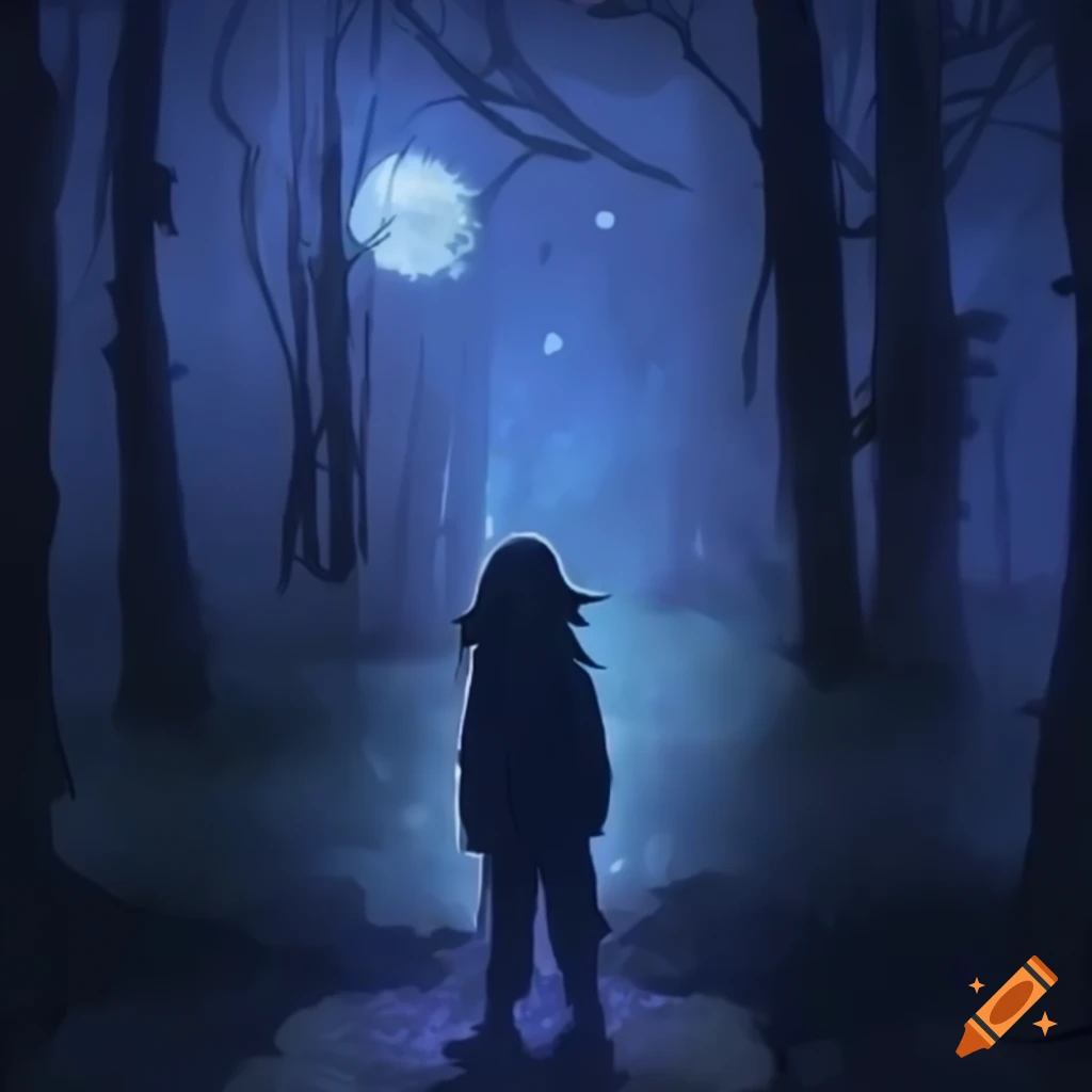 Sad anime boy in a dark forest on Craiyon