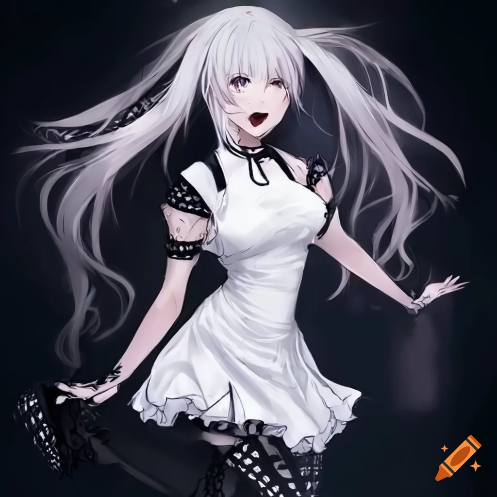 Goth anime woman in white dress and black boots on Craiyon