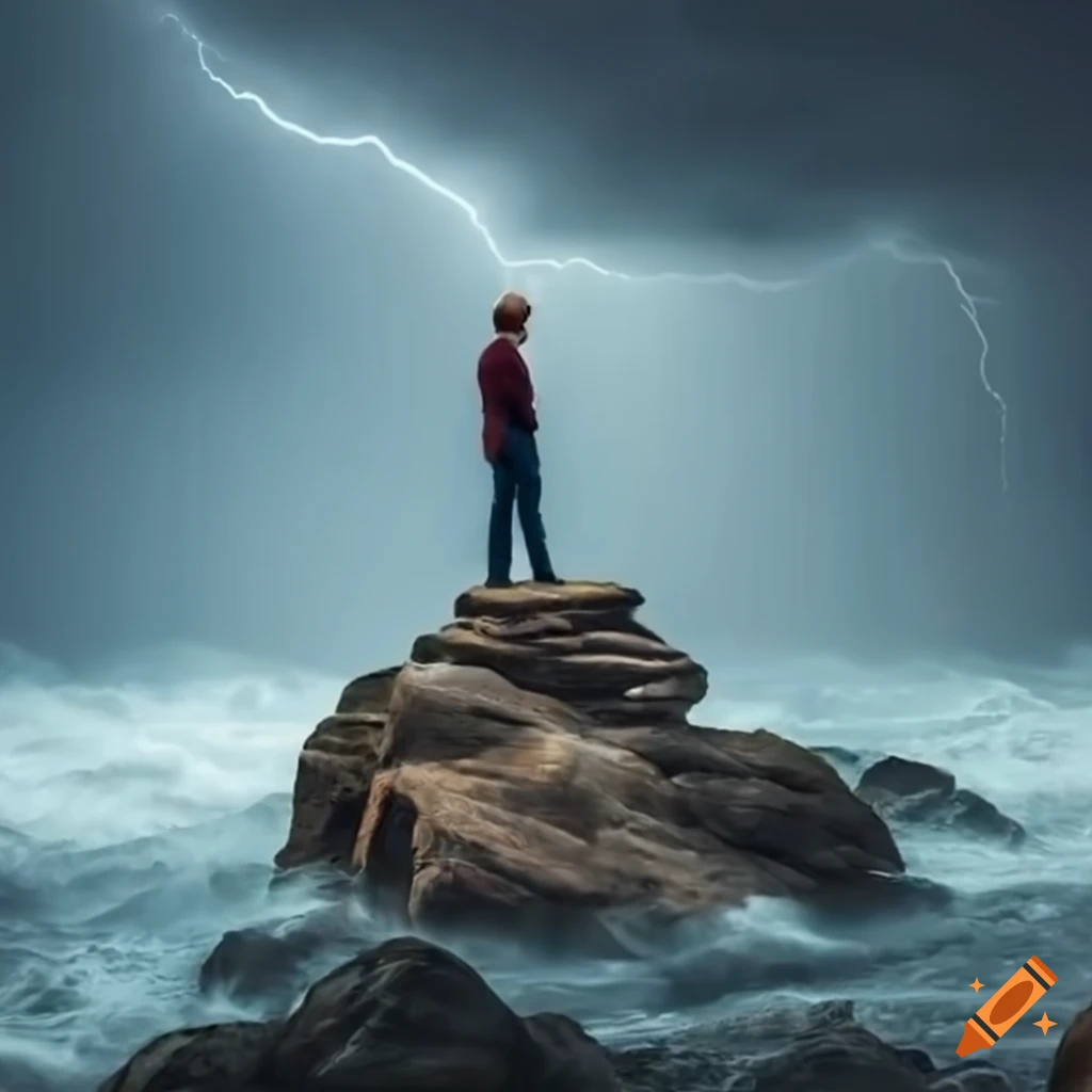 Man standing on a rock amidst a storm on Craiyon