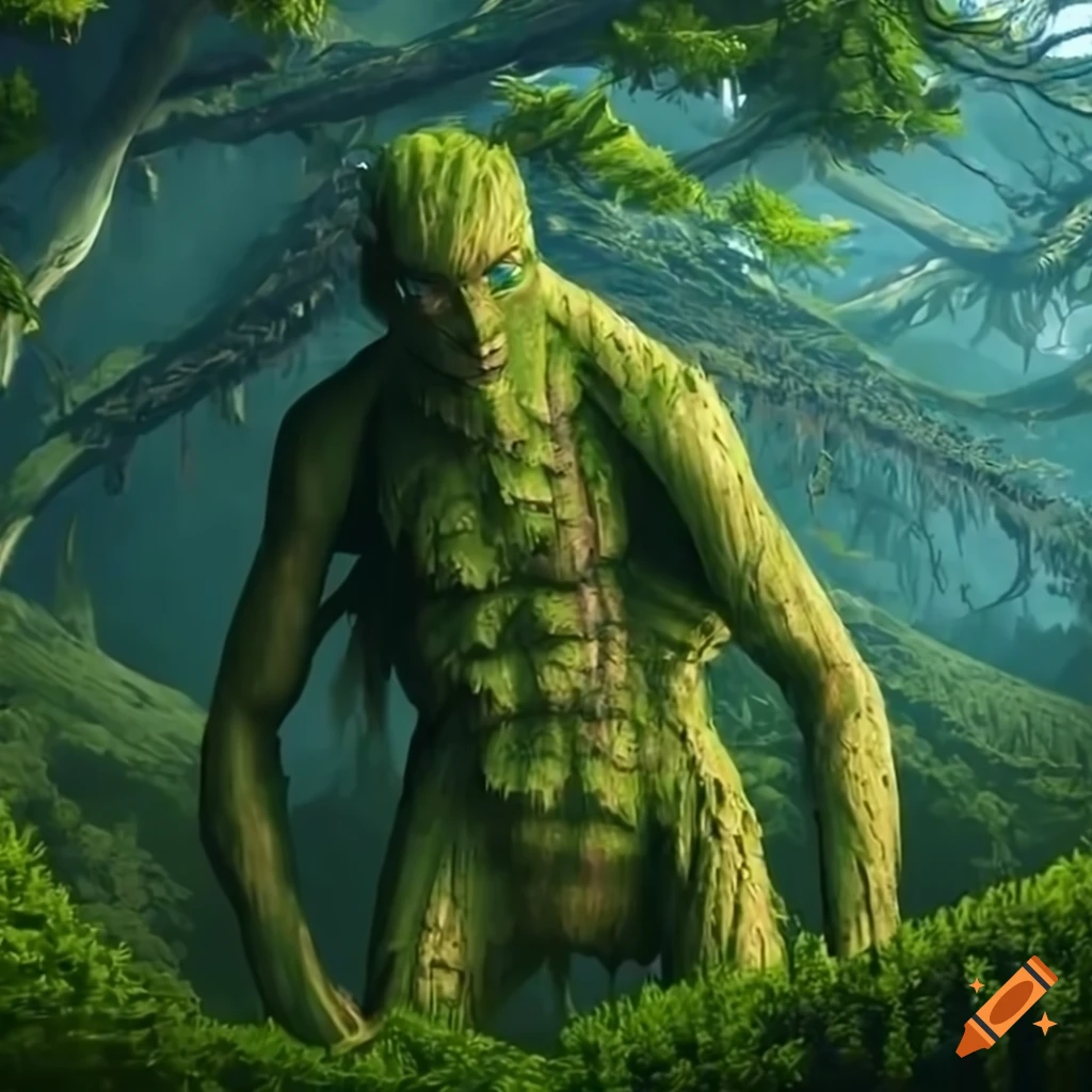 Realistic humanoid plant giant standing over a forest with mountains in ...