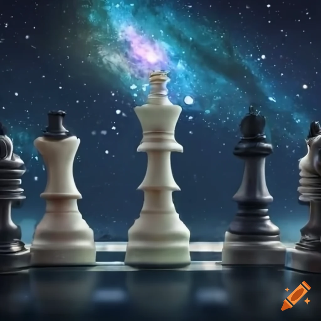 Chess players in front of a universe backdrop on Craiyon