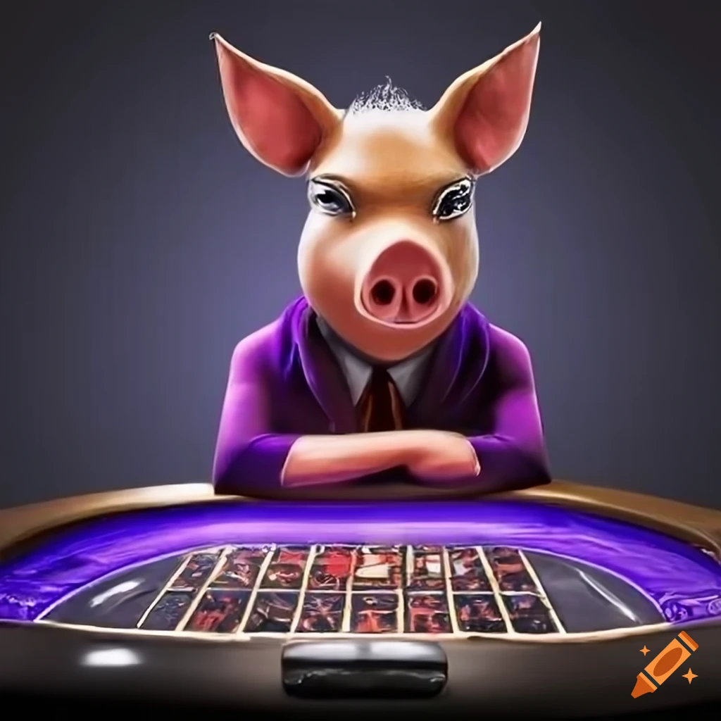 Anthropomorphic pig casino dealer at a blackjack table with vegas ...