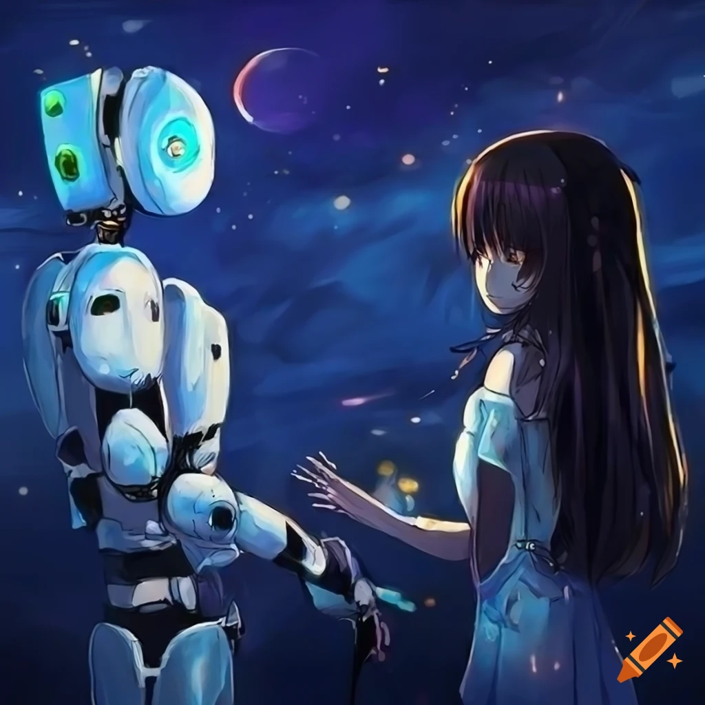 Robot and girl admiring the night view in an anime painting on Craiyon