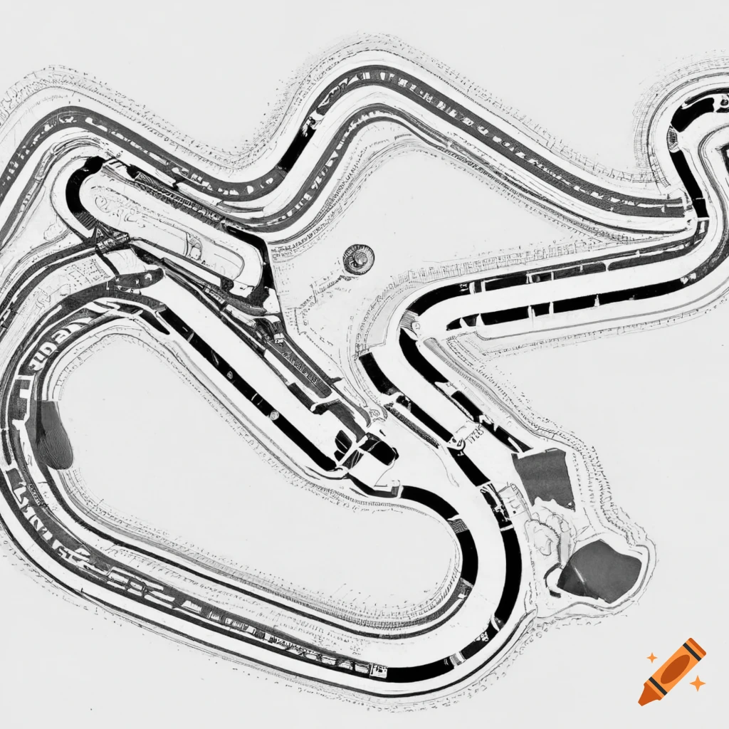 Grand prix racing circuit layout on a road map in black and white on ...