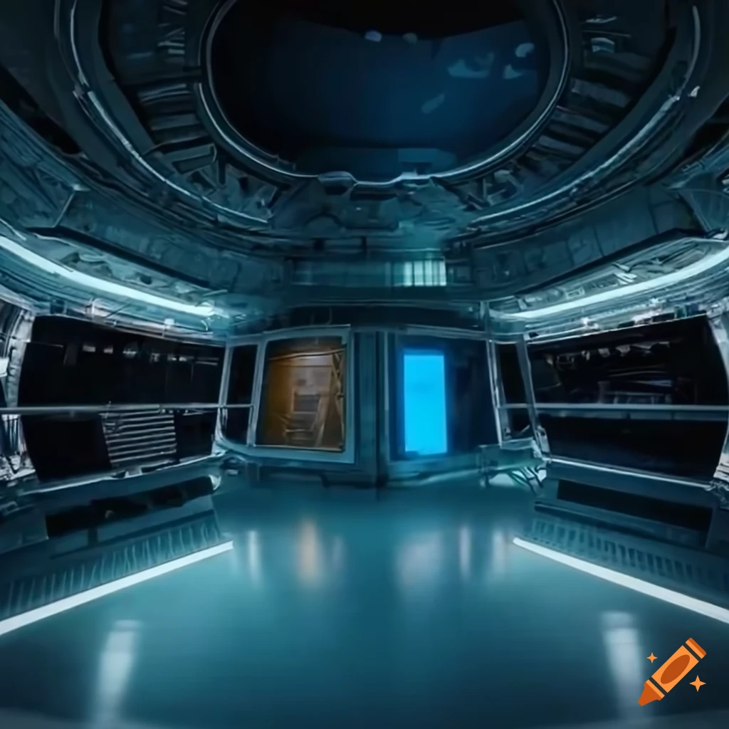 Futuristic space station lobby with access to mission office, shop ...
