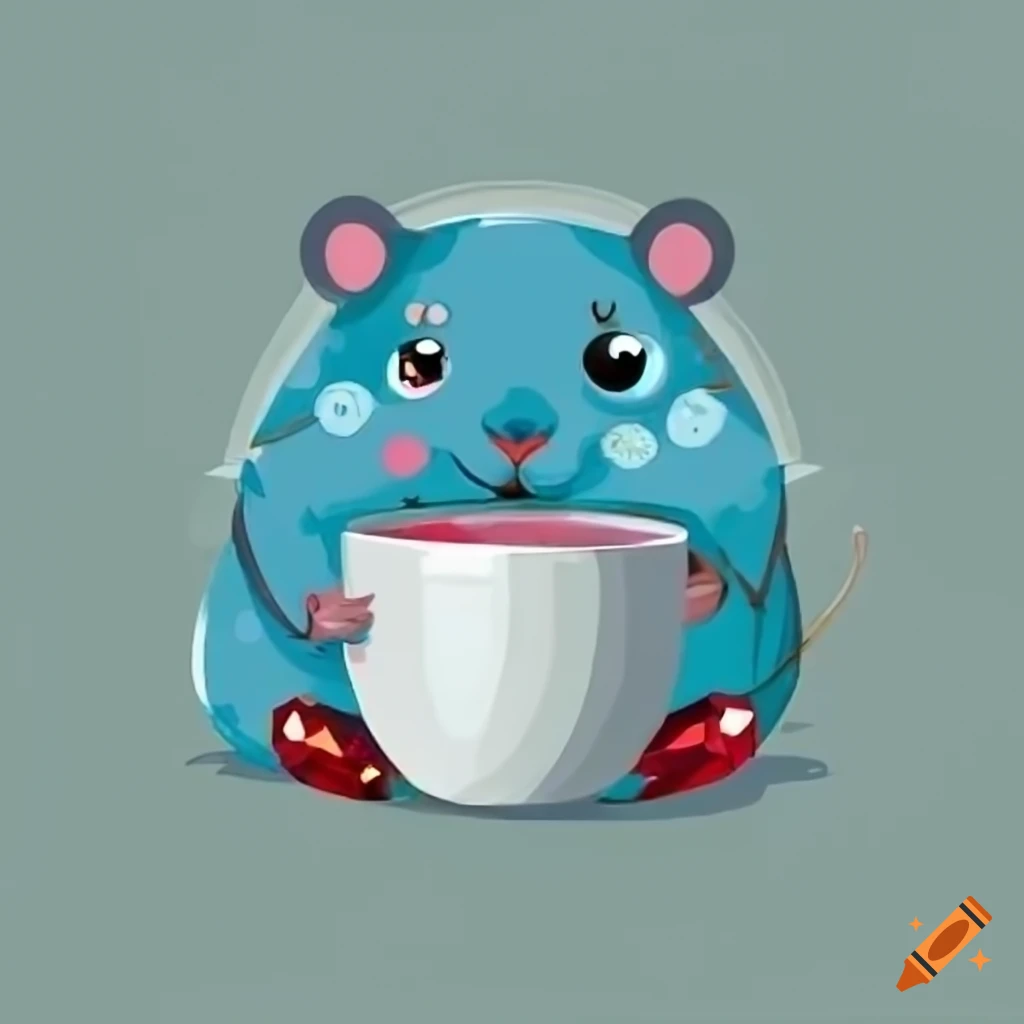 Blue hamster drinking tea with a red ruby gem on Craiyon