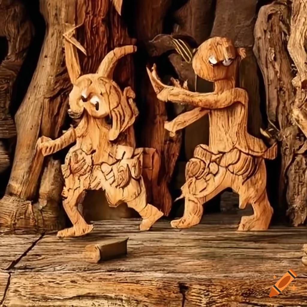Logs carved into silly goat shapes with dancing goat men on Craiyon