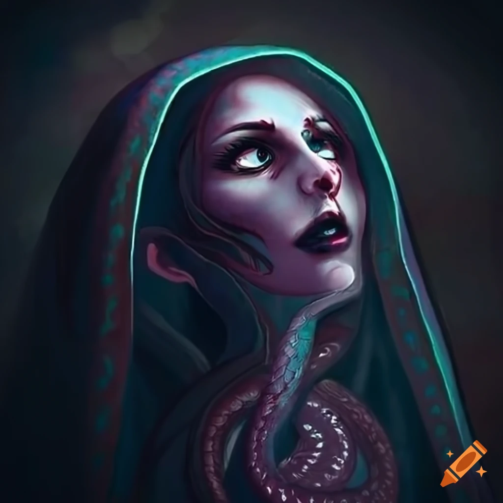 Lady macbeth cloaked in darkness with a serpent around her on Craiyon