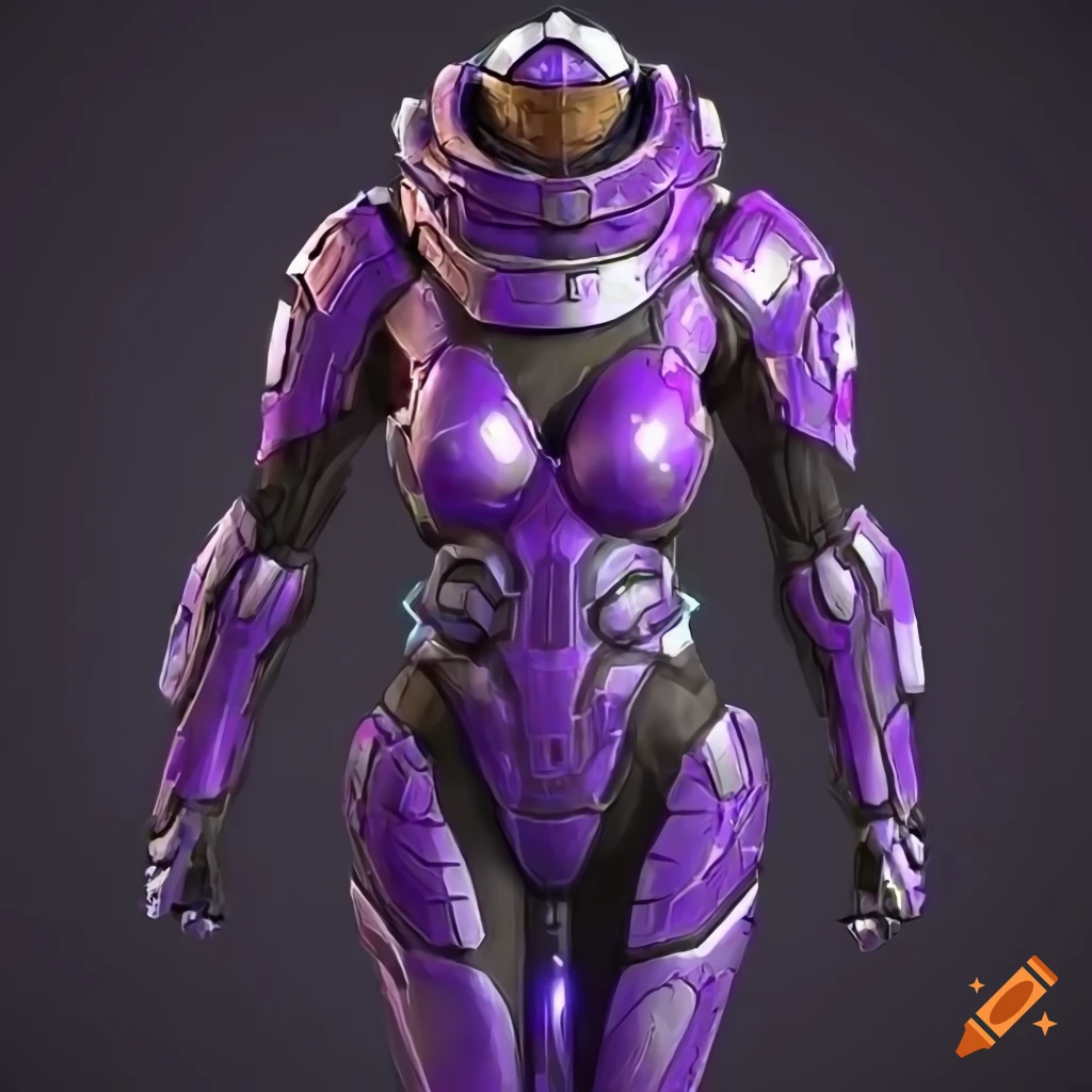 Futuristic female space armor in purple and silver with a gauntlet on Craiyon