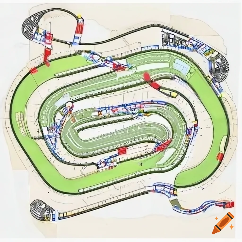 Detailed racetrack map layout with curves and chicanes on Craiyon