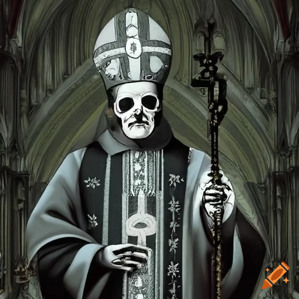 Papa emeritus conducting a mystical ritual in a gothic cathedral with a ...