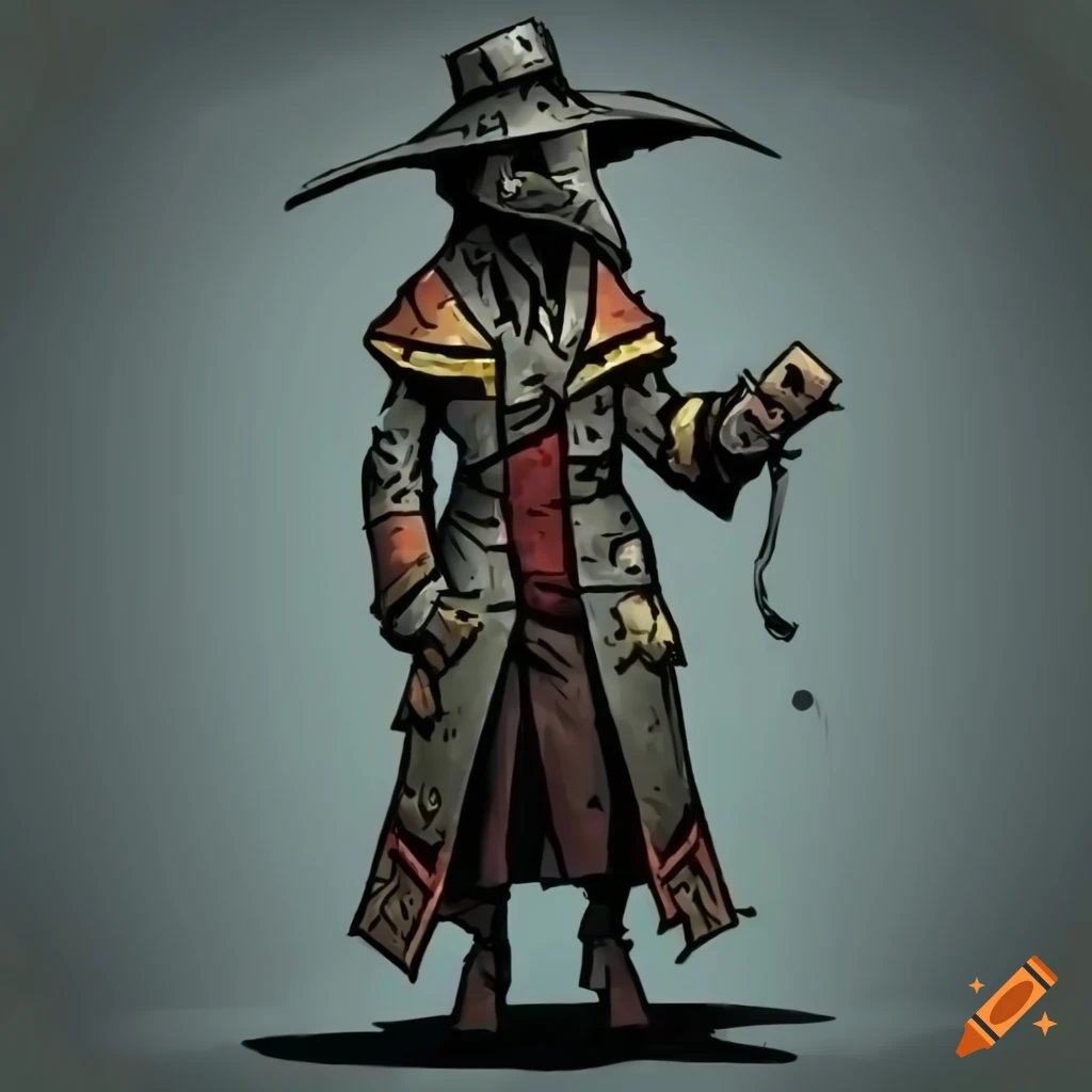 Plague doctor in darkest dungeon style with wide long brim hat on Craiyon