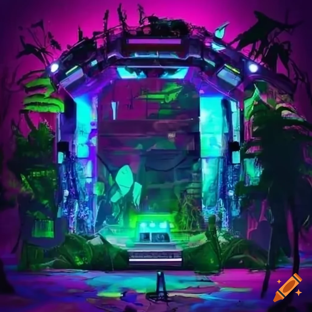 Cyber jungle with an outside stage on Craiyon