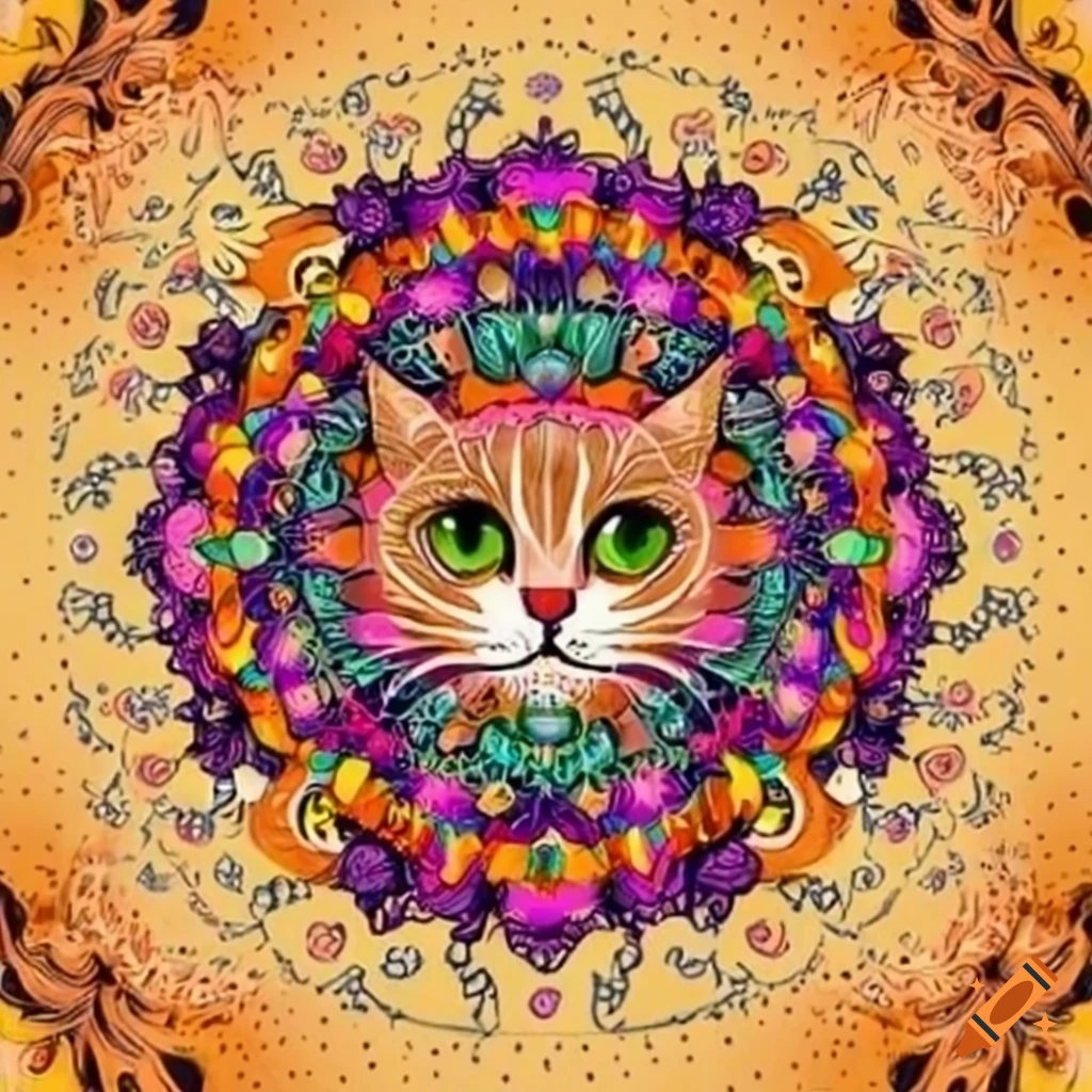 Creative mandala design with whimsical cat image at center on Craiyon