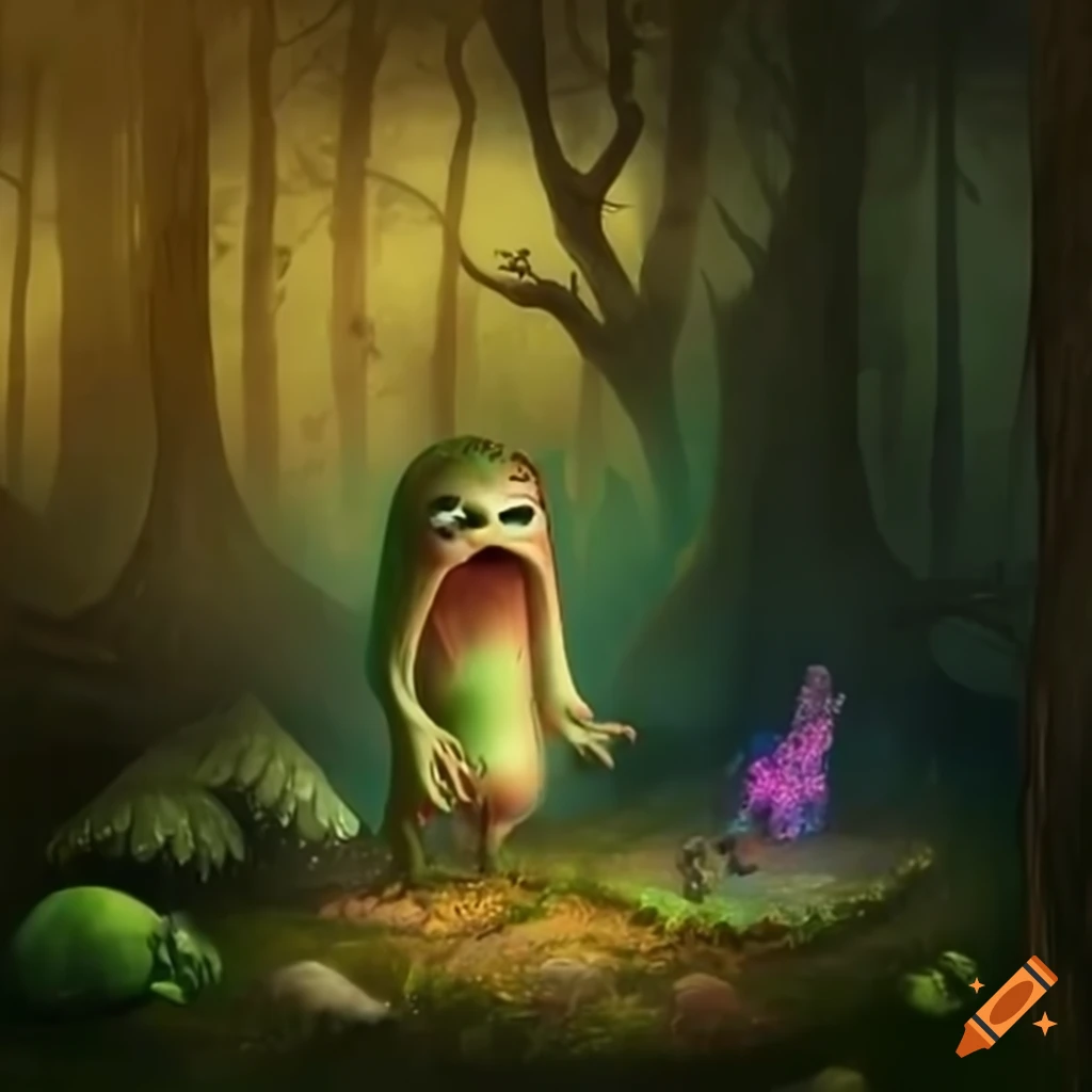 Enchanted forest scene with mythical creatures and magic elements on Craiyon