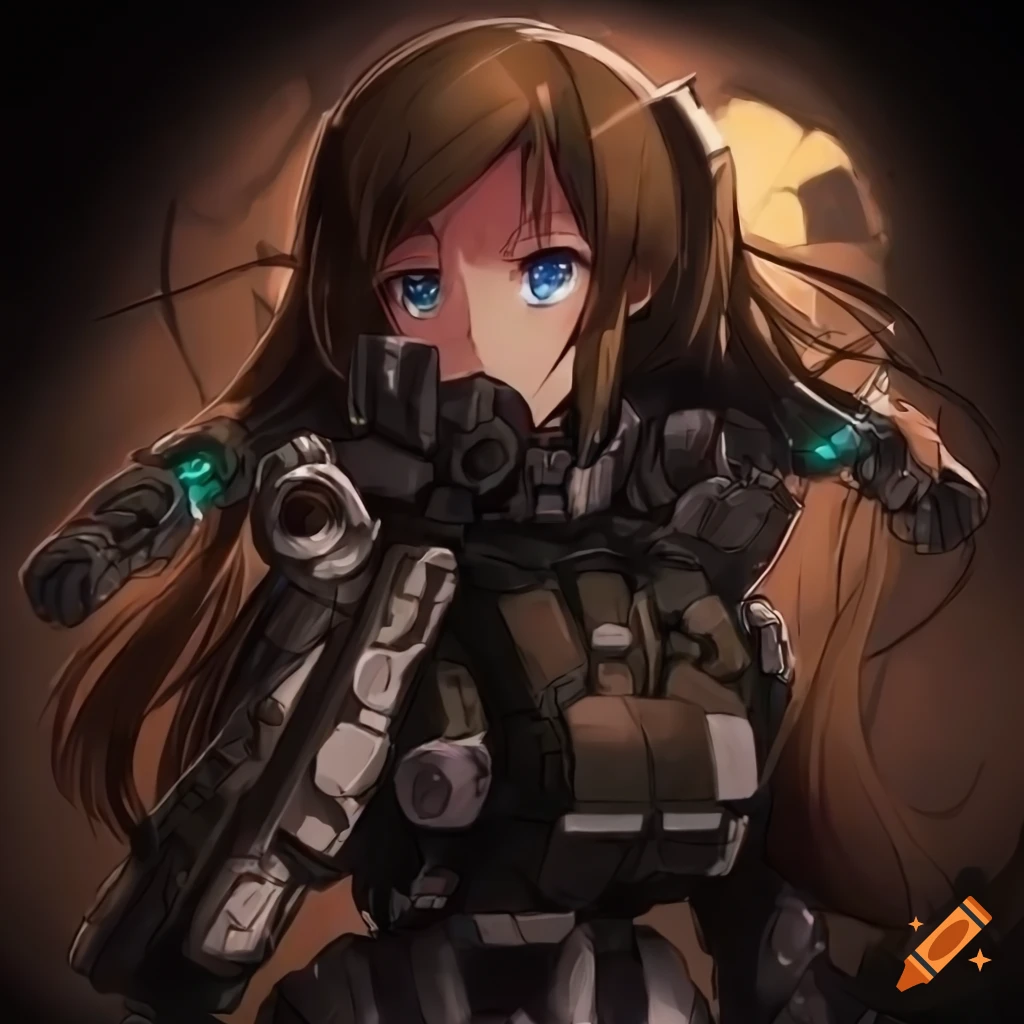 Anime mech pilot with long brown hair and blue eyes in a black outfit ...