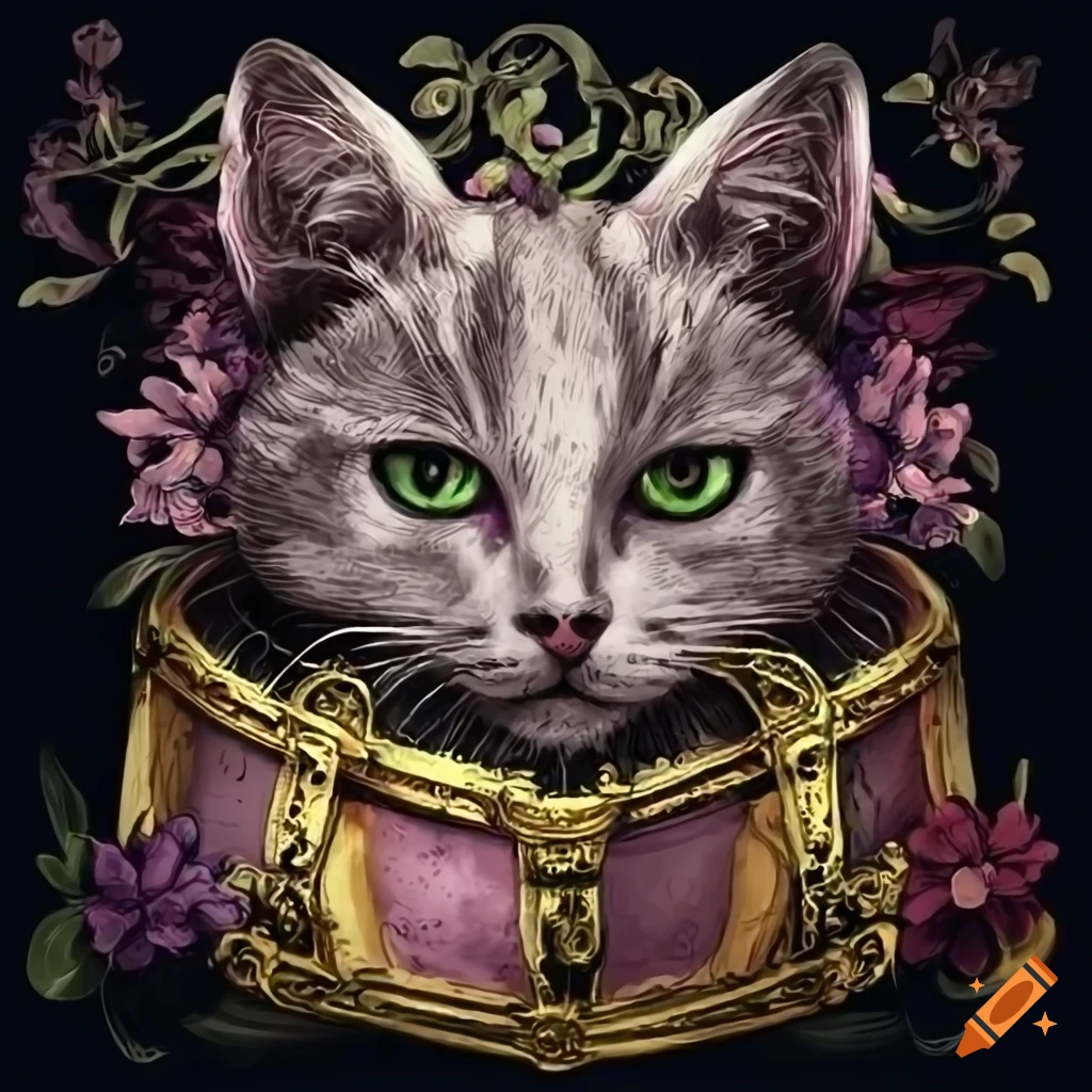 Floral gothic cats and treasure chest in high definition drawing on Craiyon