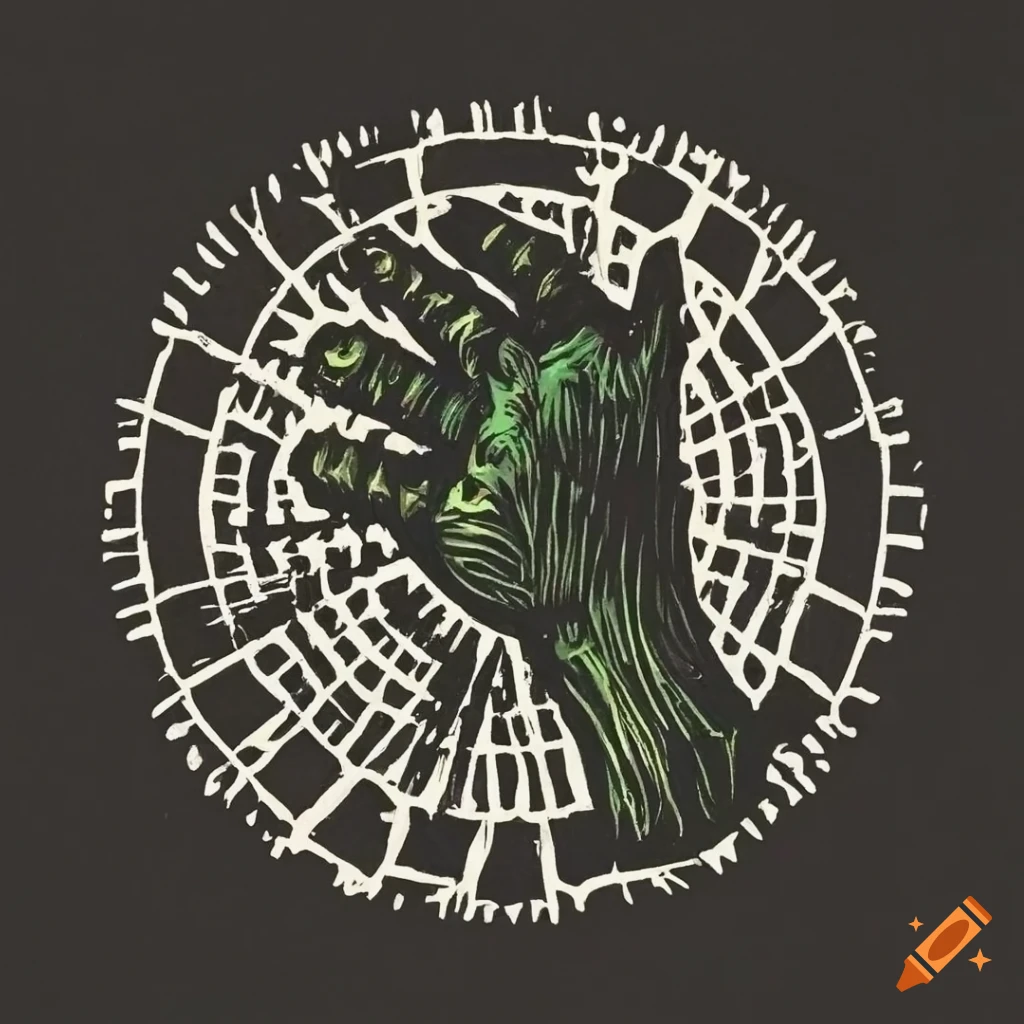 Circular logo of a Zombie hand linocut obey style on Craiyon