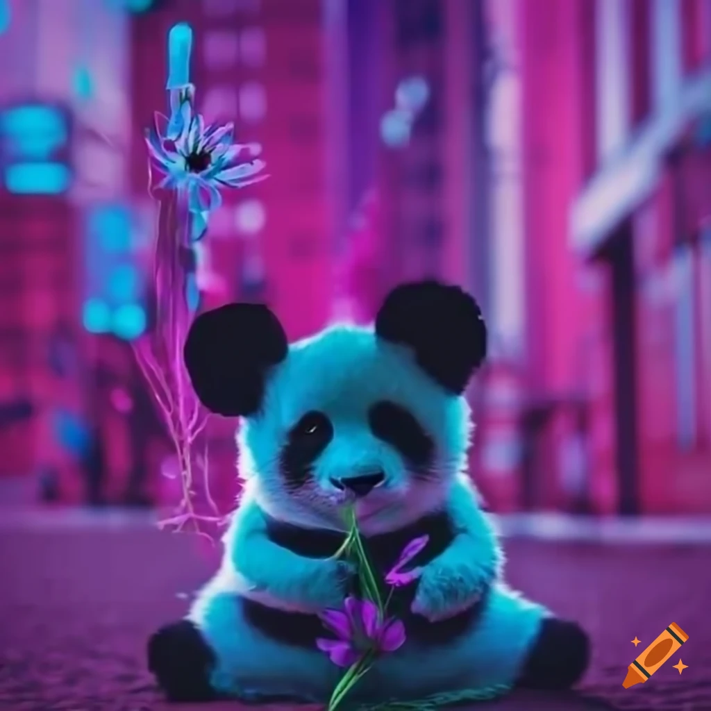 Neon blue panda cub with purple flowers in neon pink city on Craiyon