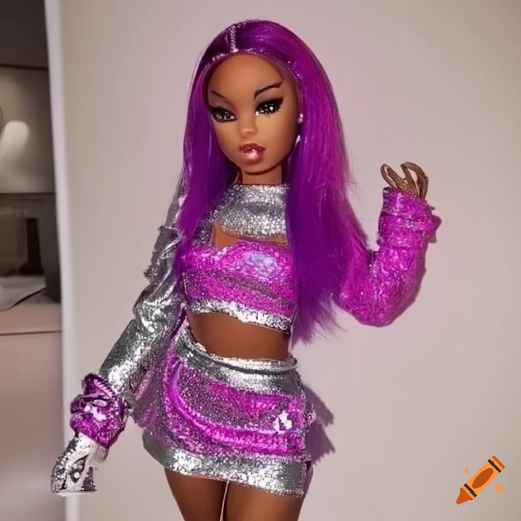 Baddie doll in traditional pink, silver, and purple layered clothes on ...