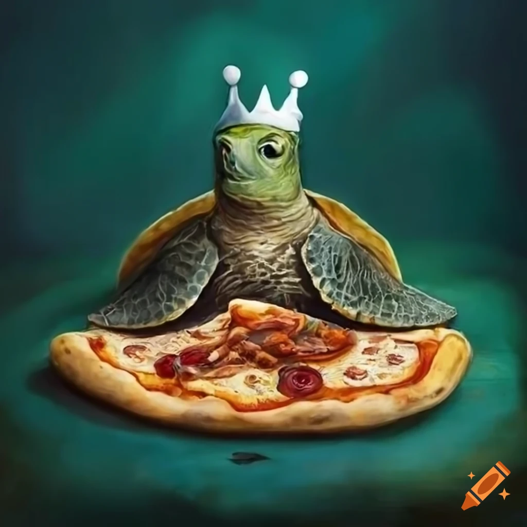 Regal turtle with crown enjoying pizza in a surreal painting on Craiyon