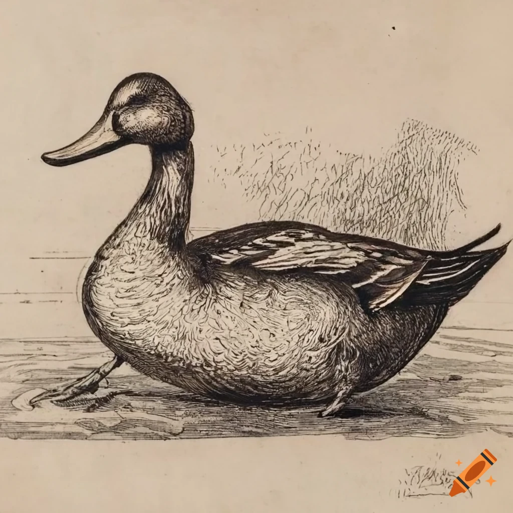 Antique pen and ink etching of a duck sketch from the 1800s on Craiyon