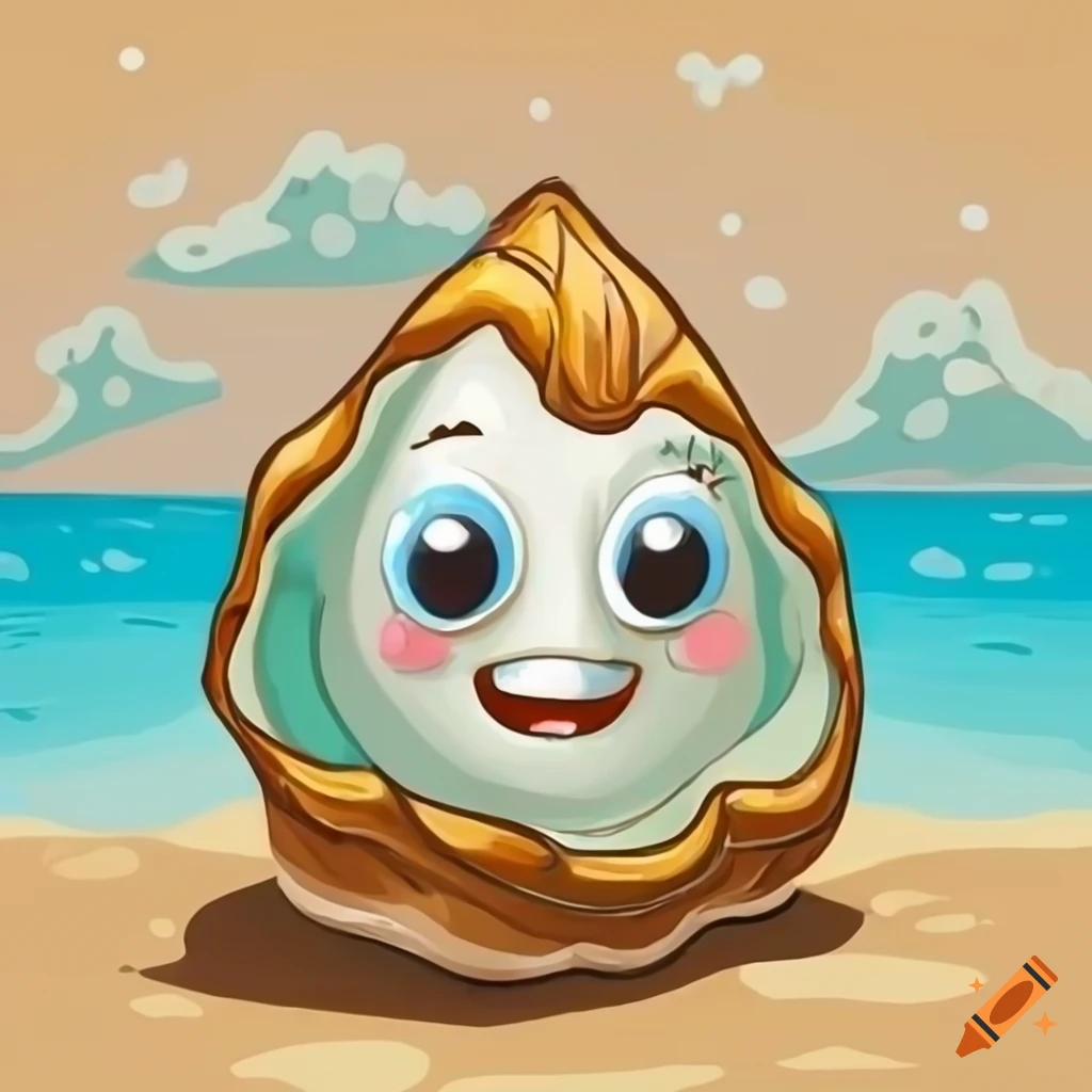 Cartoon oyster with cute face using a computer on the beach on Craiyon