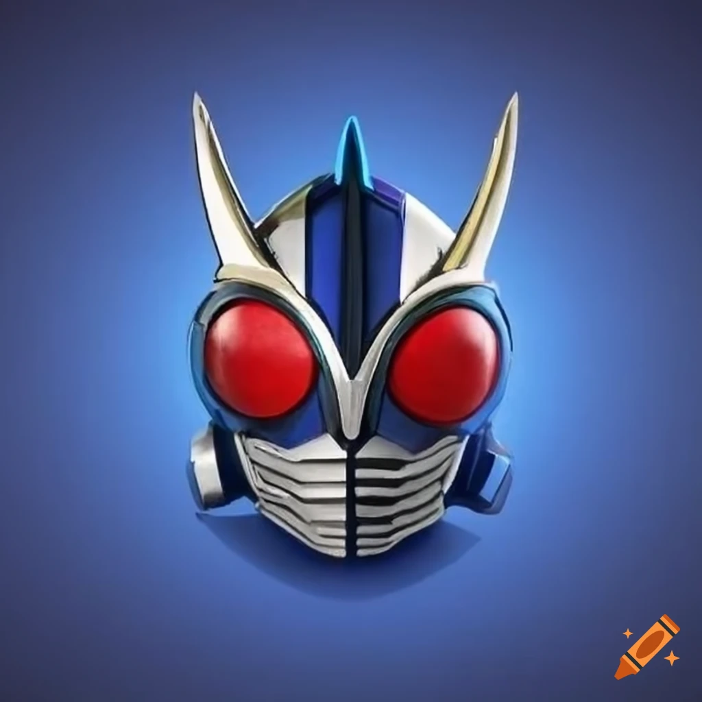 Stylized Kamen Rider helmet with navy blue and silver design and rhino ...