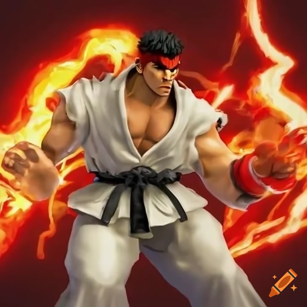 Ryu from street fighter in a full-body lightning fireball pose on Craiyon