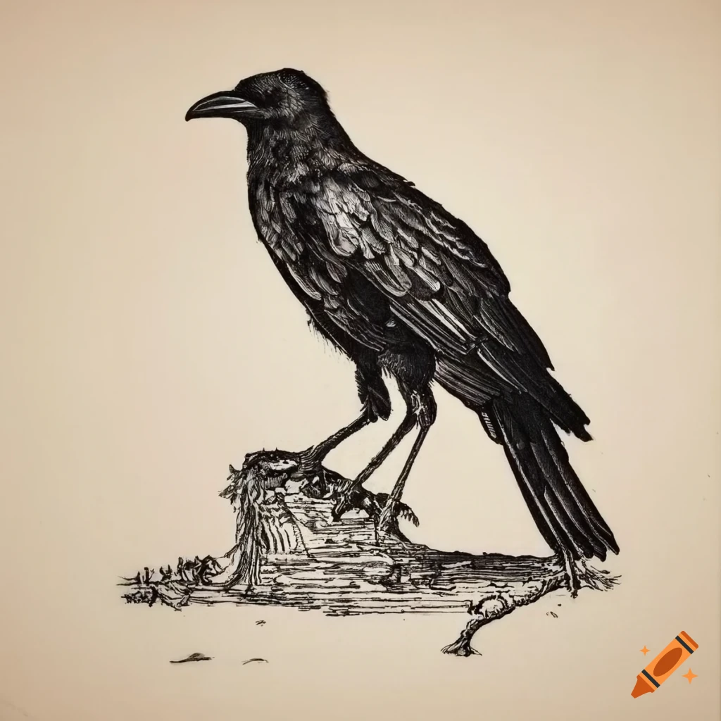 1800s pen and ink etching of a crow outline on Craiyon