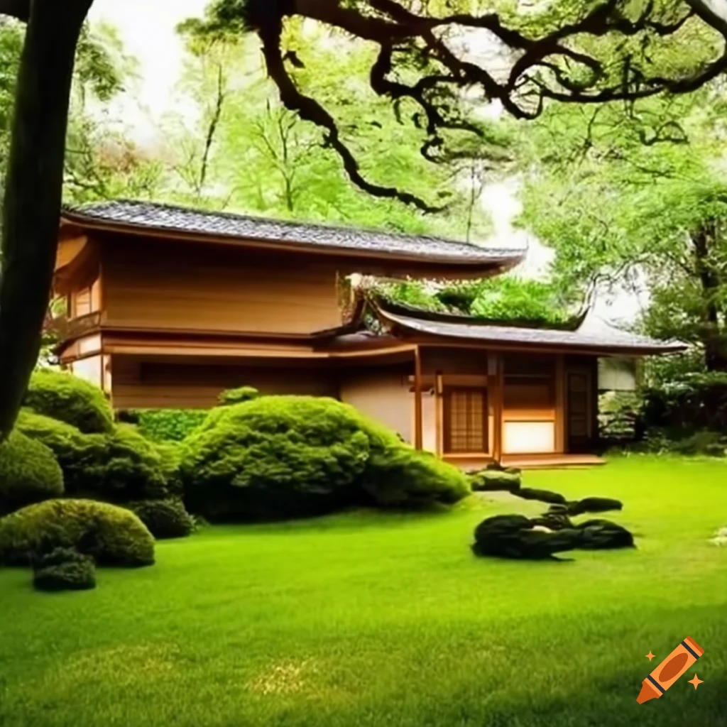 Japanese modern garden with house on Craiyon