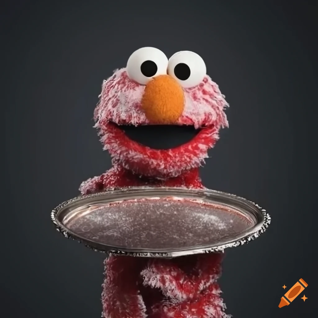 Elmo covered in powdered sugar holding a silver tray on Craiyon