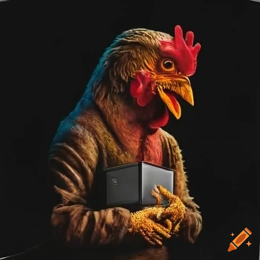 Chicken man holding a pc monitor in album cover art style on Craiyon