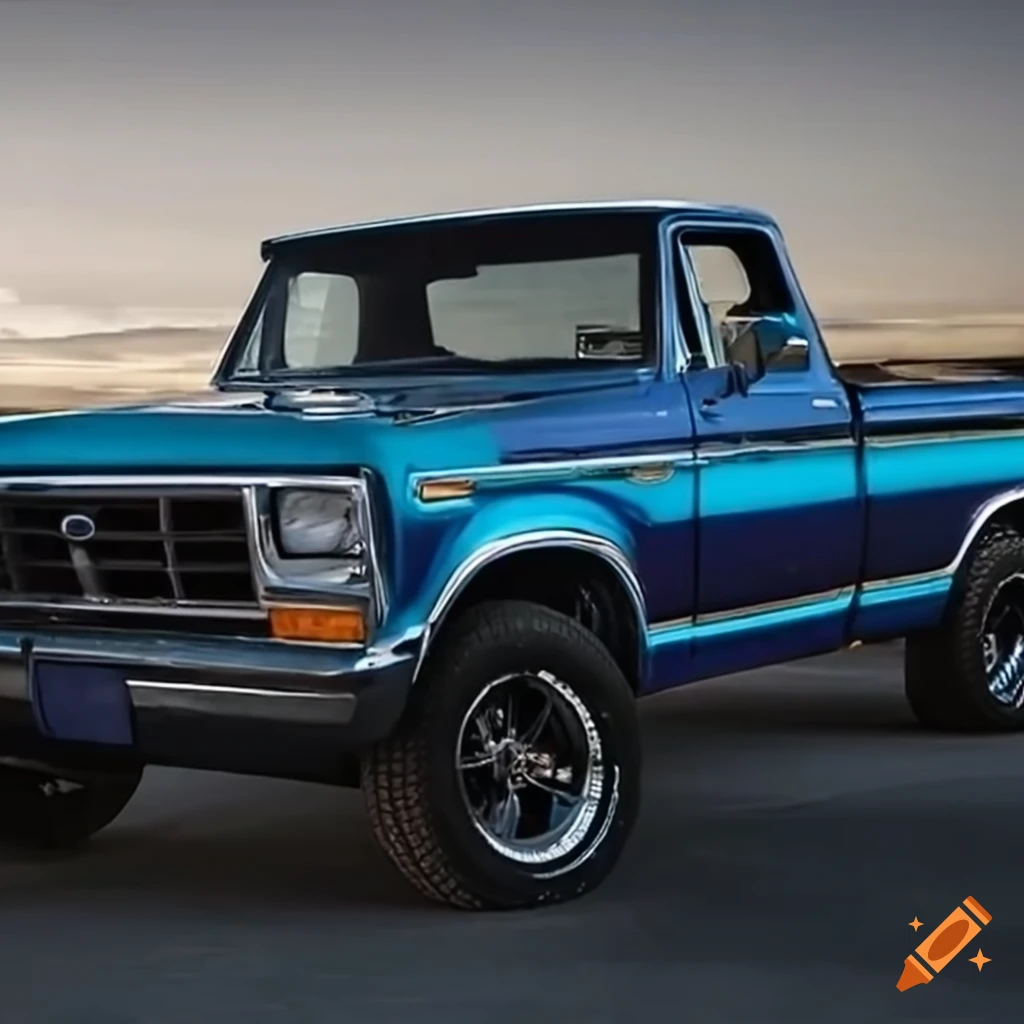 Blue 1979 Ford F150 Ranger with shattered windshield on Craiyon